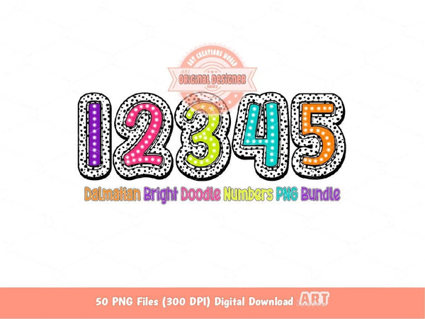 Colorful Dalmatian Numbers PNG Bundle, Bright Doodle Marquee dalmation