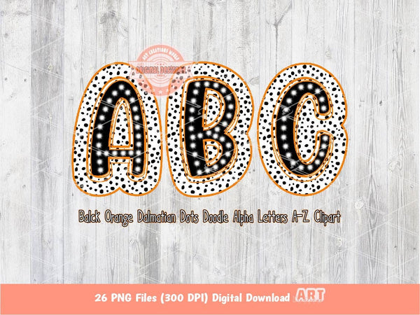 Black Orange Dalmatian Letters PNG, Hand Drawn Bright Doodle Alpha A-Z