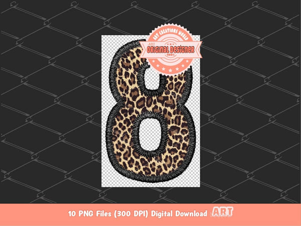 Faux Embroidery Leopard Numbers PNG, Cheetah Print Number 0-9 Set Clip