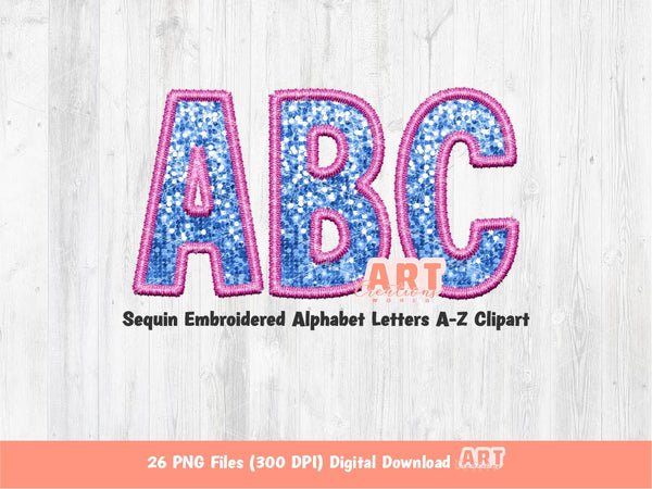 Pink Blue Sequin Letters PNG, Faux Embroidered Glitter PNG