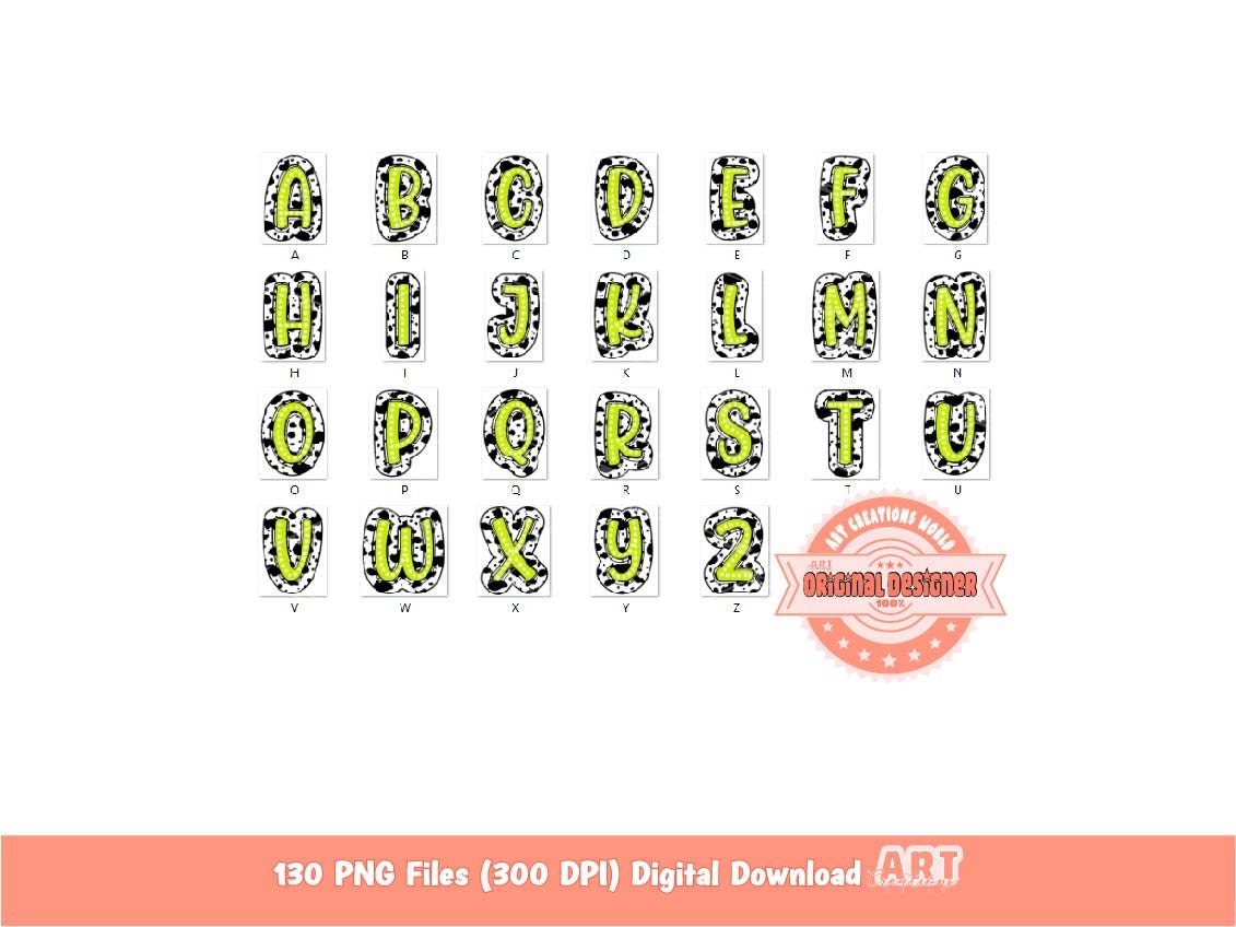 Colorful Cow Print Letters PNG Bundle, Hand Drawn Bright Doodle Alpha