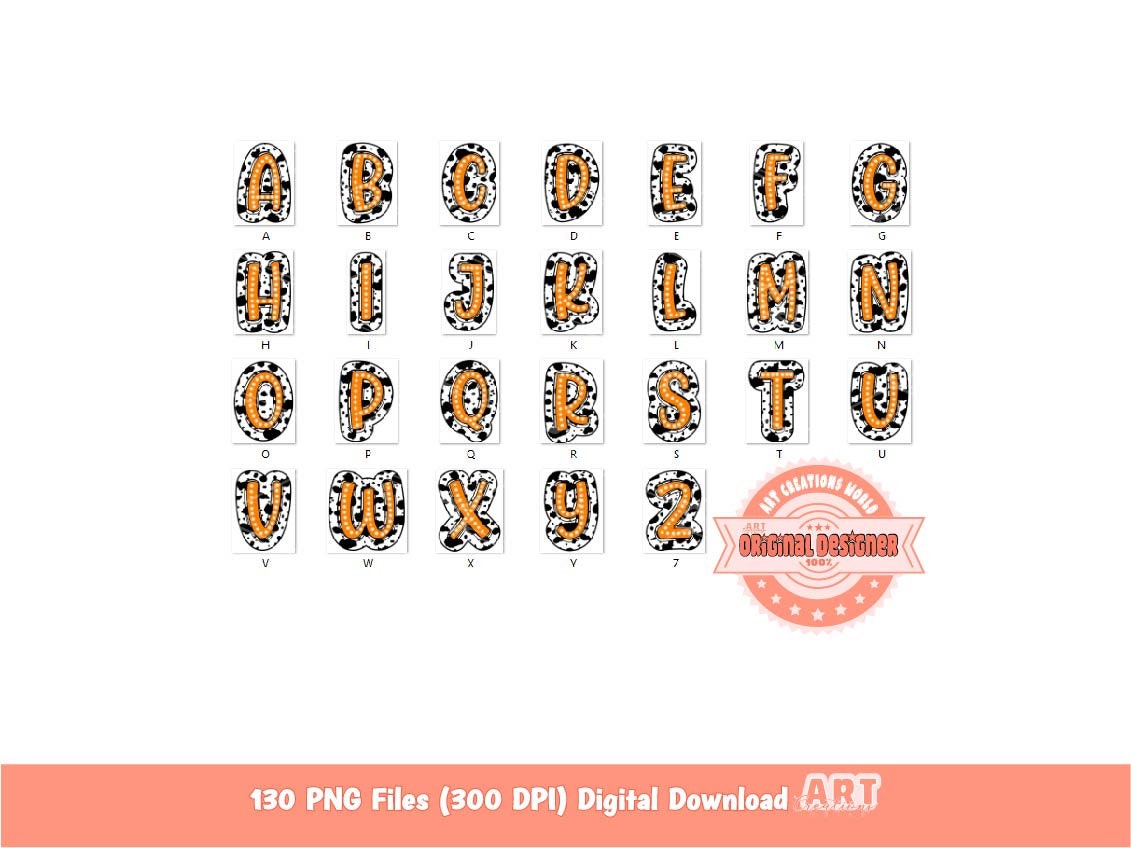Colorful Cow Print Letters PNG Bundle, Hand Drawn Bright Doodle Alpha
