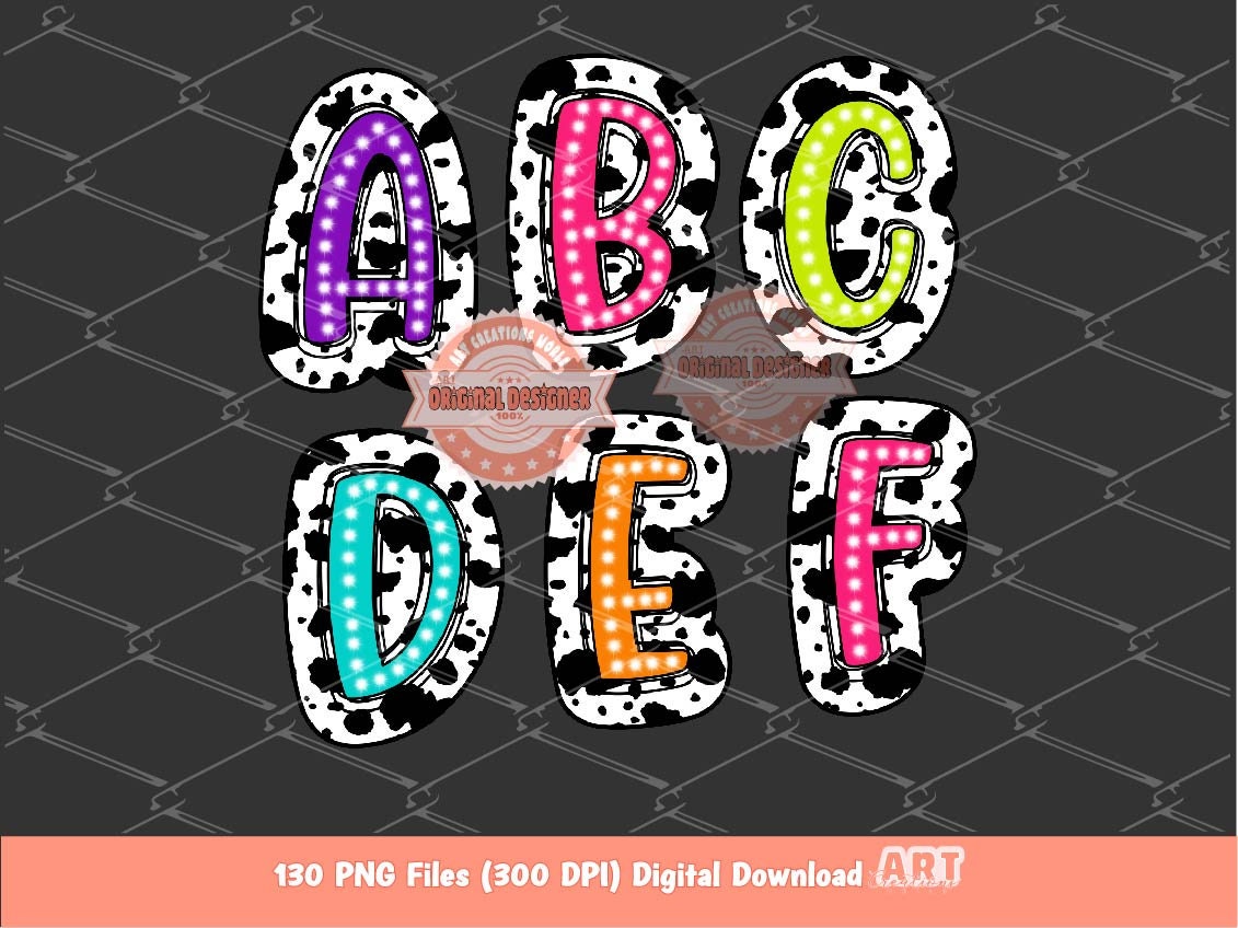 Colorful Cow Print Letters PNG Bundle, Hand Drawn Bright Doodle Alpha