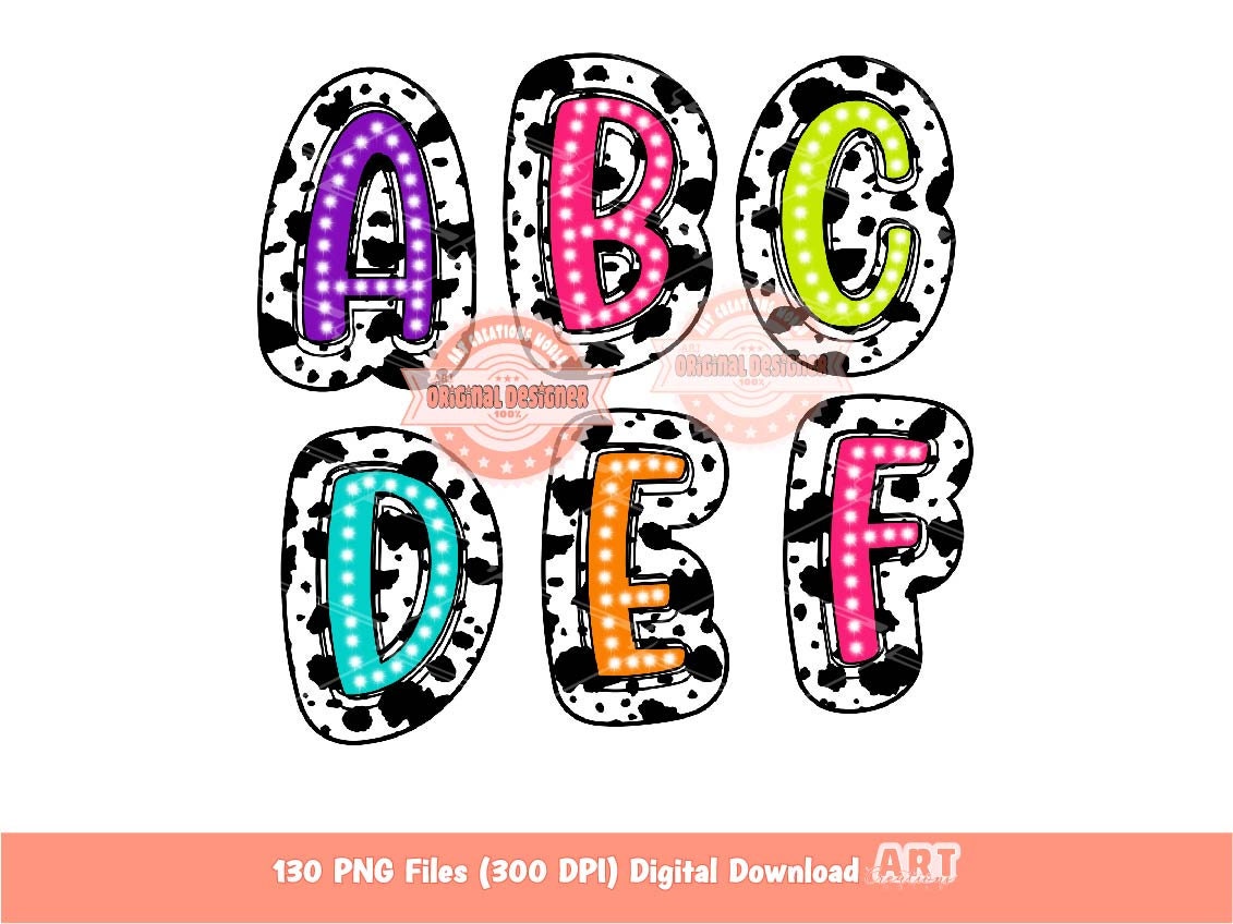 Colorful Cow Print Letters PNG Bundle, Hand Drawn Bright Doodle Alpha