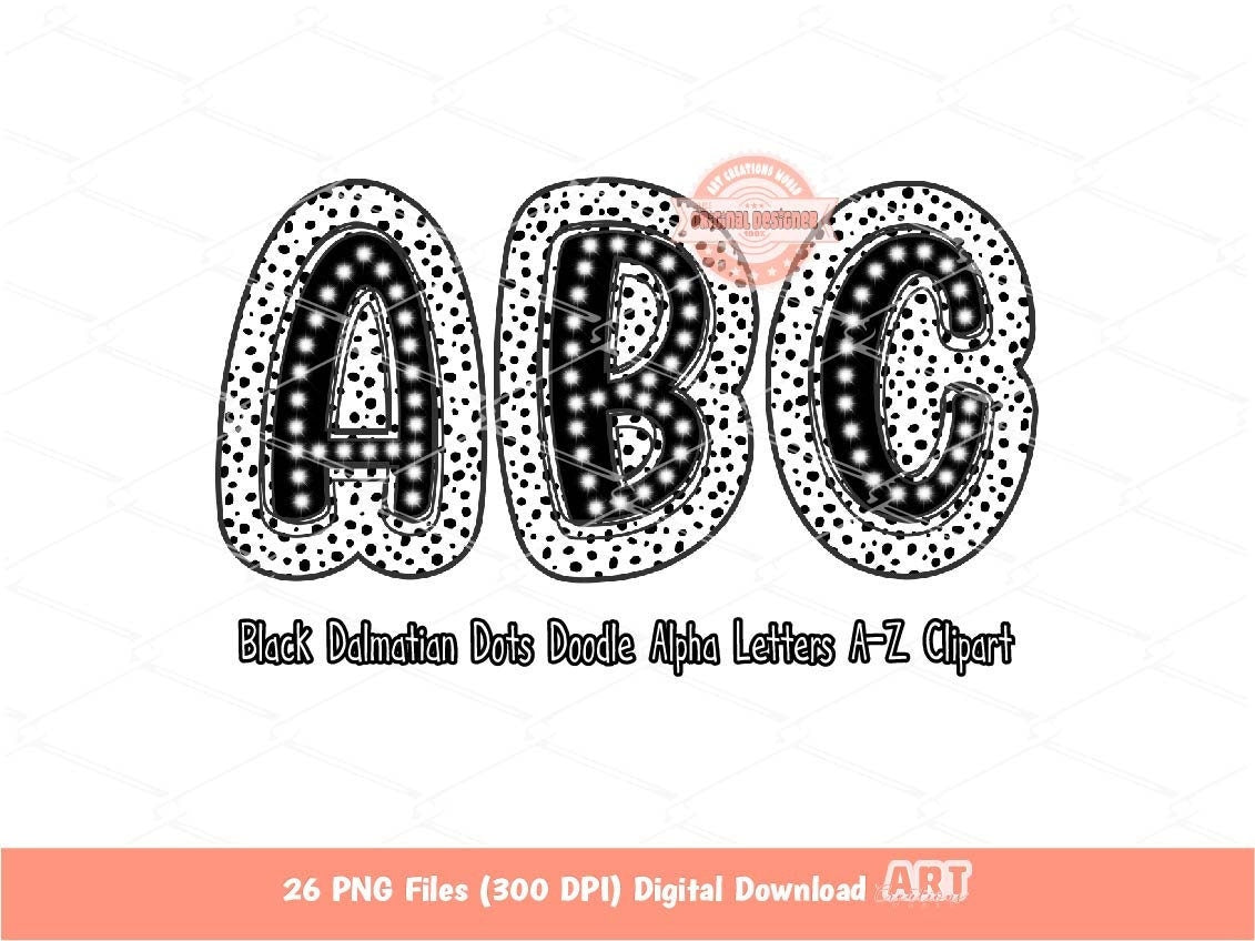 Black Dalmatian Letters PNG, Hand Drawn Bright Doodle Alpha A-Z Set Cl ...