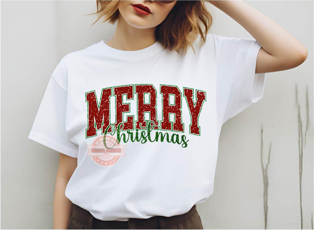 Merry Christmas Varsity PNG Glitter Christmas shirt design Retro trend ...