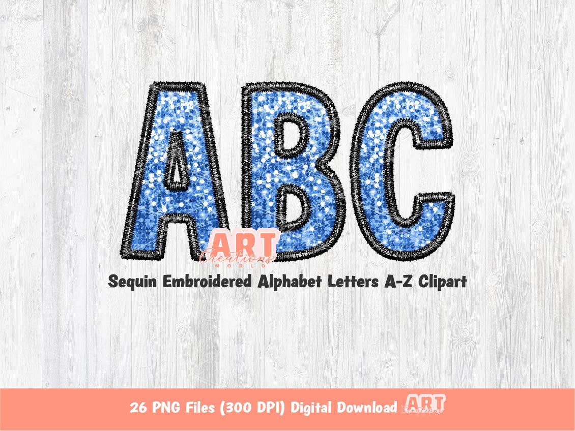 Light Blue Sequin Letters PNG, Faux Embroidered Sequin Alpha