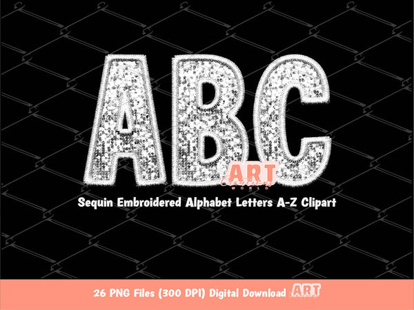 White Sequin Letters PNG, Faux Embroidered White Silver PNG