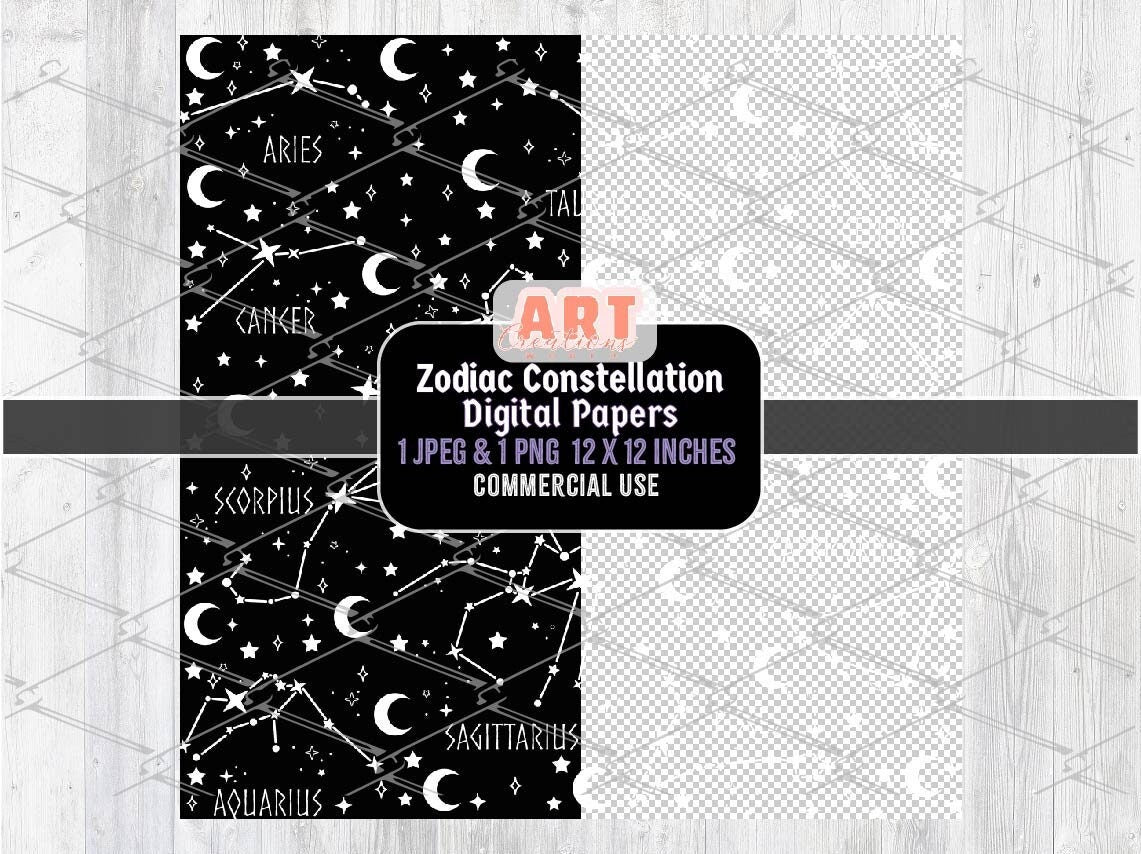 Zodiac Constellation Digital paper, Mystical Galaxy space with moon an