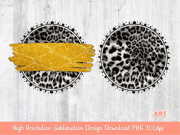 Grey Leopard Circle Background with Yellow Gold Brush Stroke PNG Subli