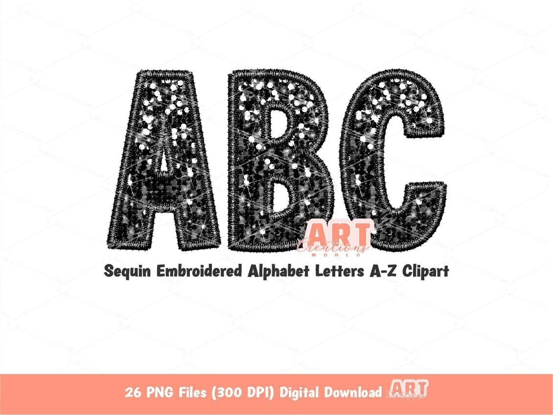 Black Sequin Letters PNG, Faux Embroidered Glitter Sequins PNG Alphabet ...