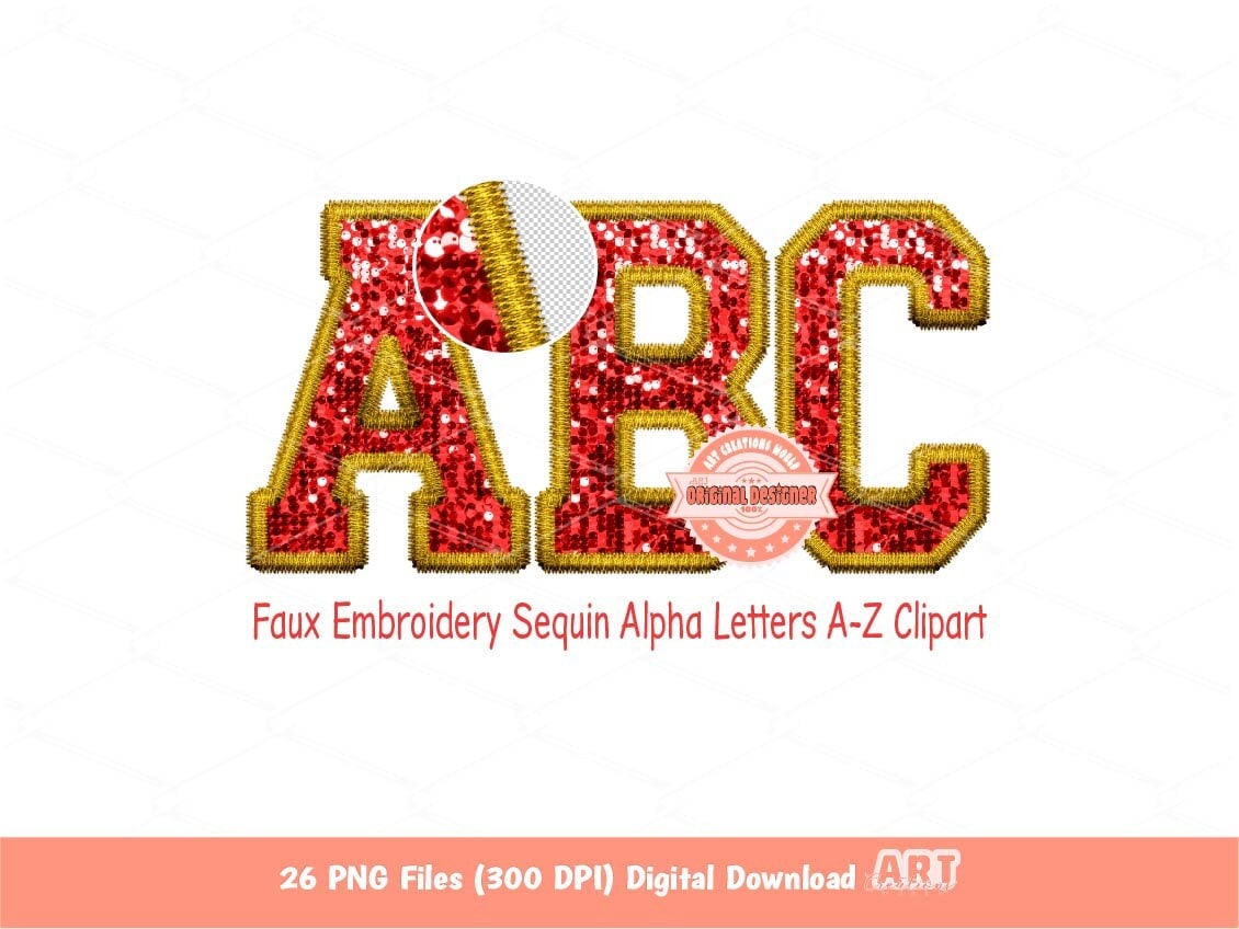 Gold and Red Faux Embroidery Sequin Letters PNG, Original Designer Var ...