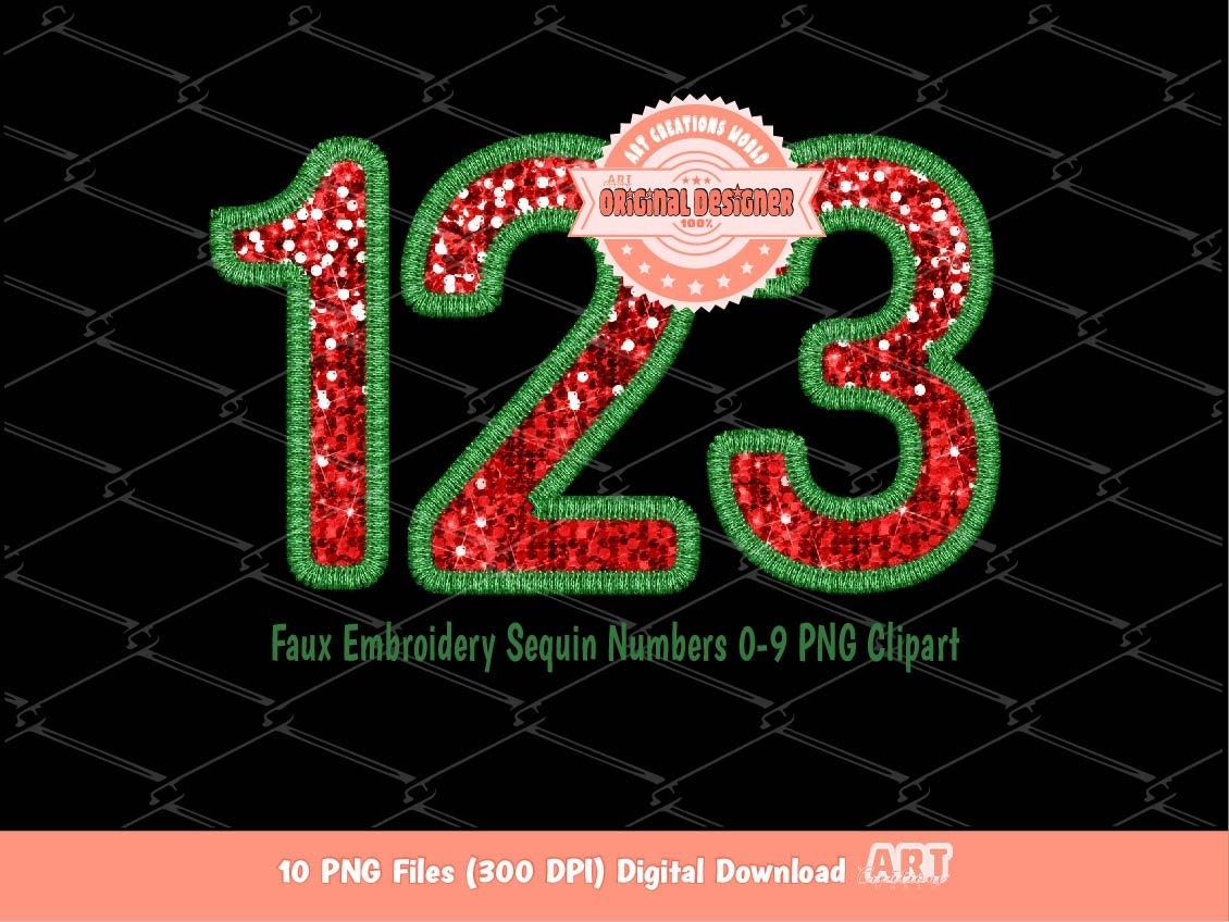Christmas Numbers Faux Embroidery Sequin PNG, Green Red Glitter Sequin