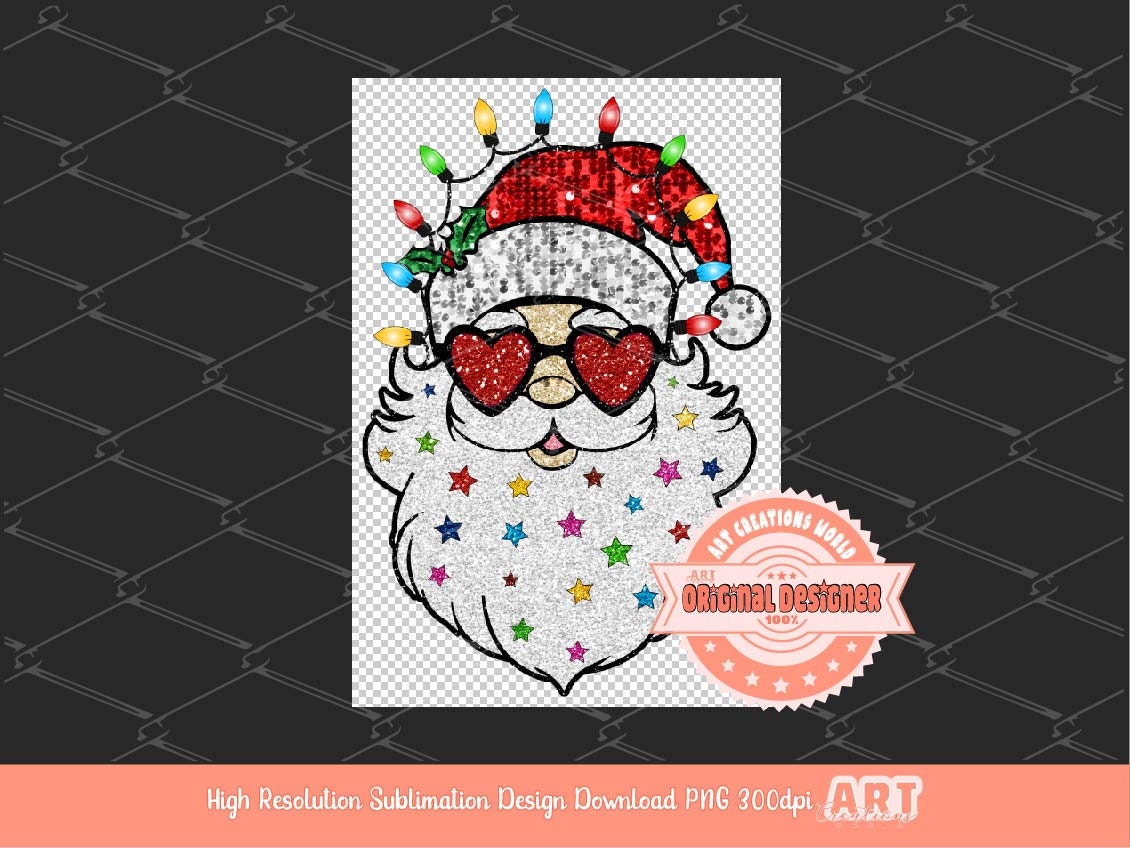 Santa Sequin PNG, Cute Glitter Sparkle Santa face with Red Heart Sungl