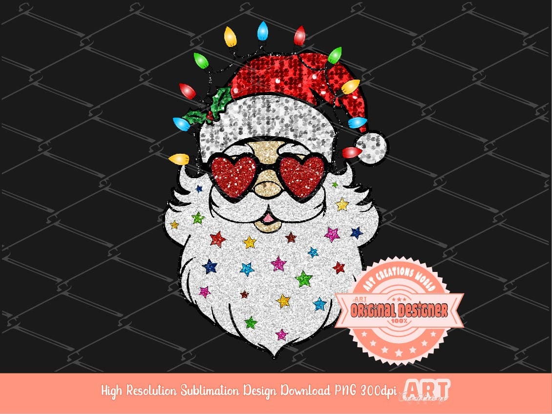 Santa Sequin PNG, Cute Glitter Sparkle Santa face with Red Heart Sungl