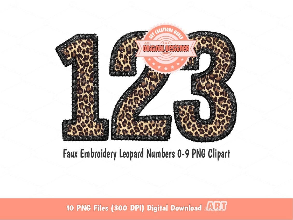 Faux Embroidery Leopard Numbers PNG, Cheetah Print Number 0-9 Set Clip ...