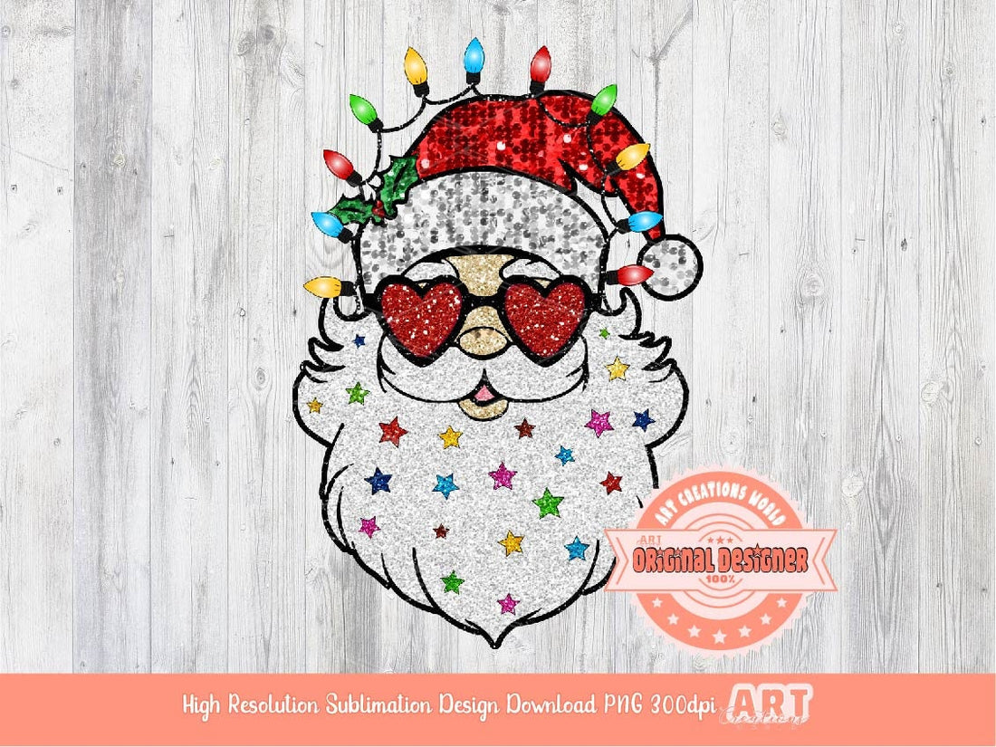 Santa Sequin PNG, Cute Glitter Sparkle Santa face with Red Heart Sungl ...