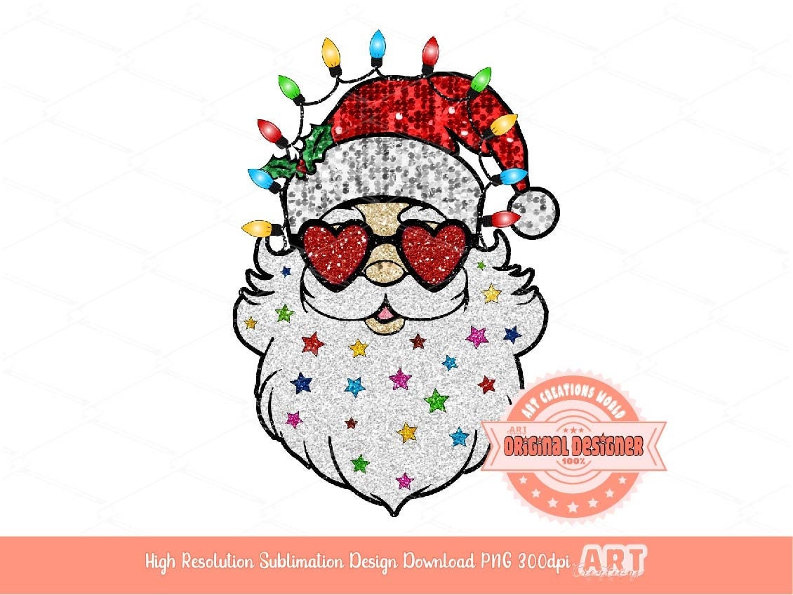 Santa Sequin PNG, Cute Glitter Sparkle Santa face with Red Heart Sungl