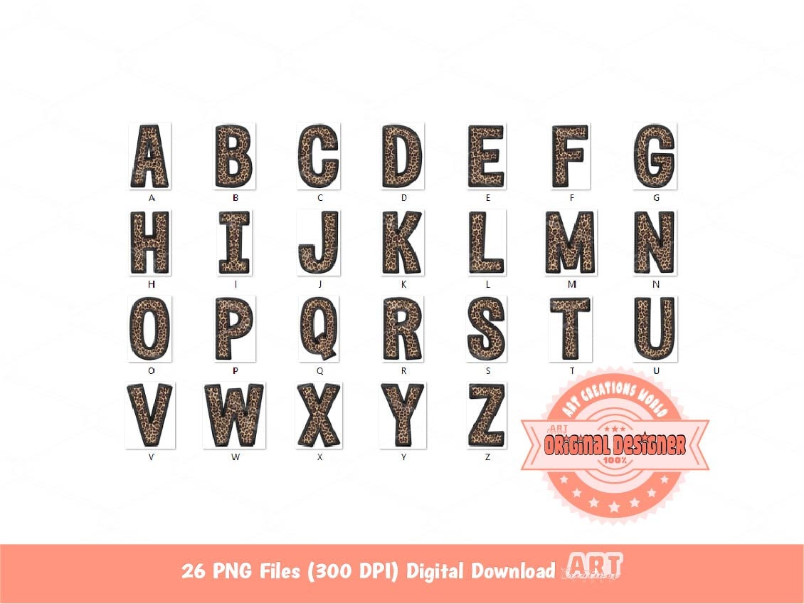 Faux Embroidery Leopard Letters PNG, Cheetah Print Wild Alpha Set Clip